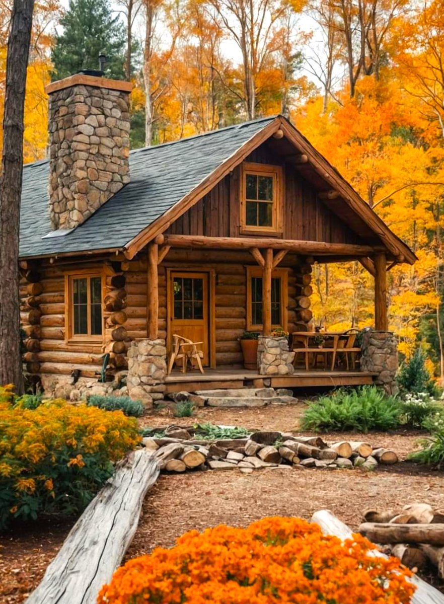 Solve Log Cabin by the Autumn Woods..... jigsaw puzzle online with 24 ...