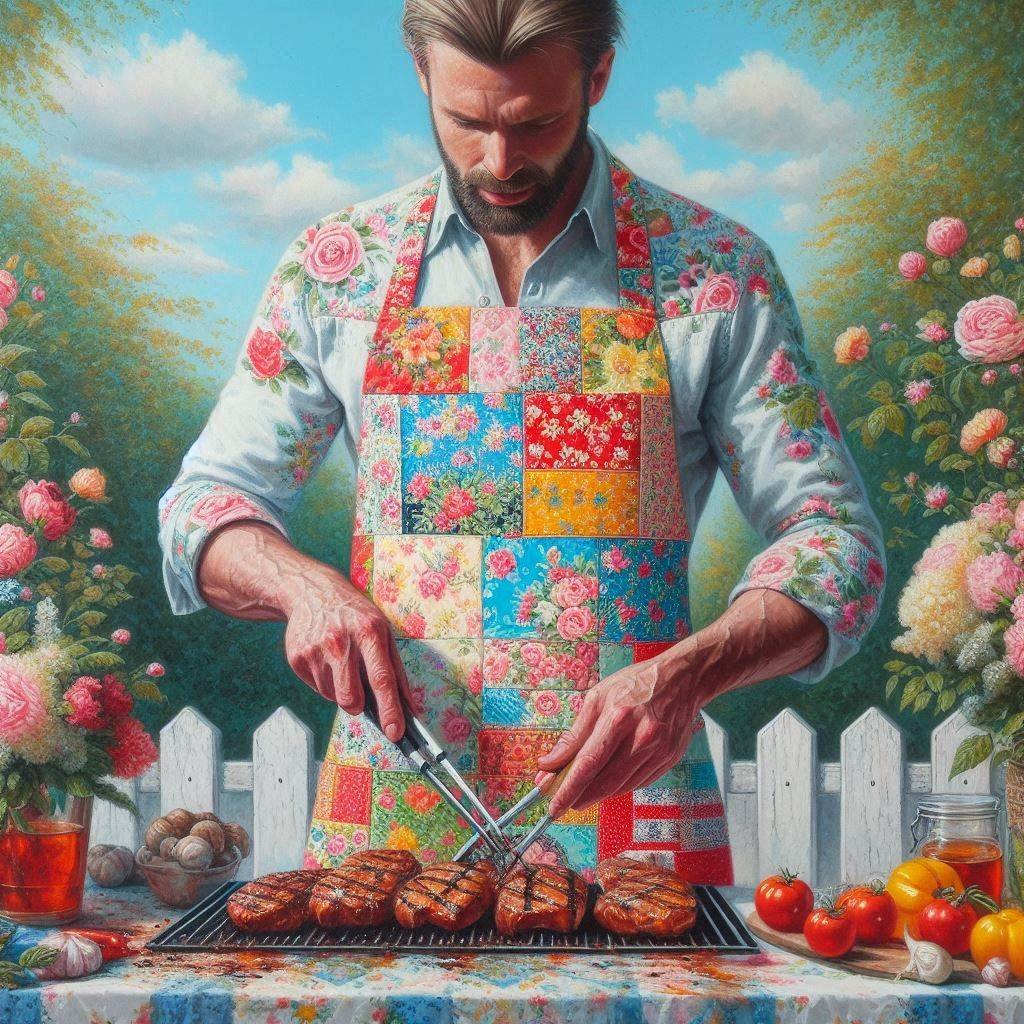 Solve Grill chef in a floral apron jigsaw puzzle online with 100 pieces