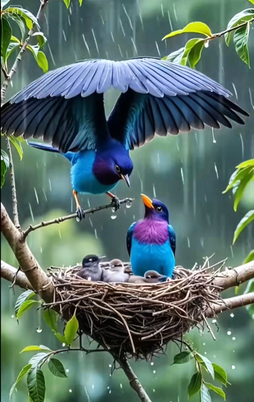 Solve Papa bird protecting his family jigsaw puzzle online with 28 pieces