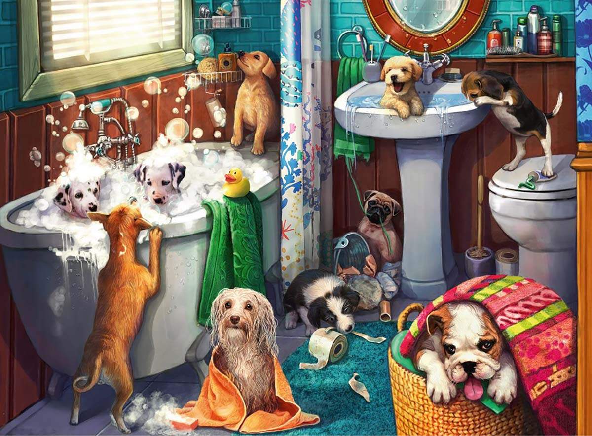 Solve MESSY BATH TIME jigsaw puzzle online with 300 pieces