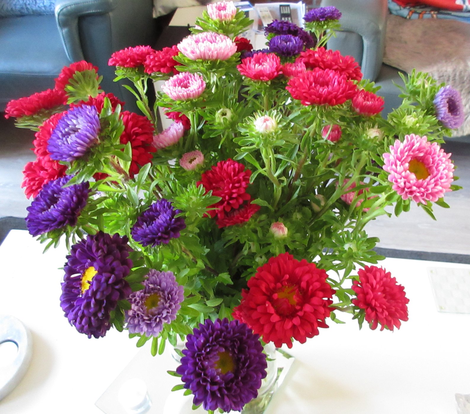 Solve Two bunches multi-coloured Asters on my coffee table! jigsaw ...