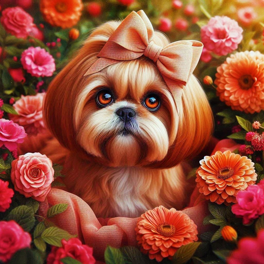 Solve adorable Shih Tzu dog Princess outside in a bed of flowers jigsaw ...