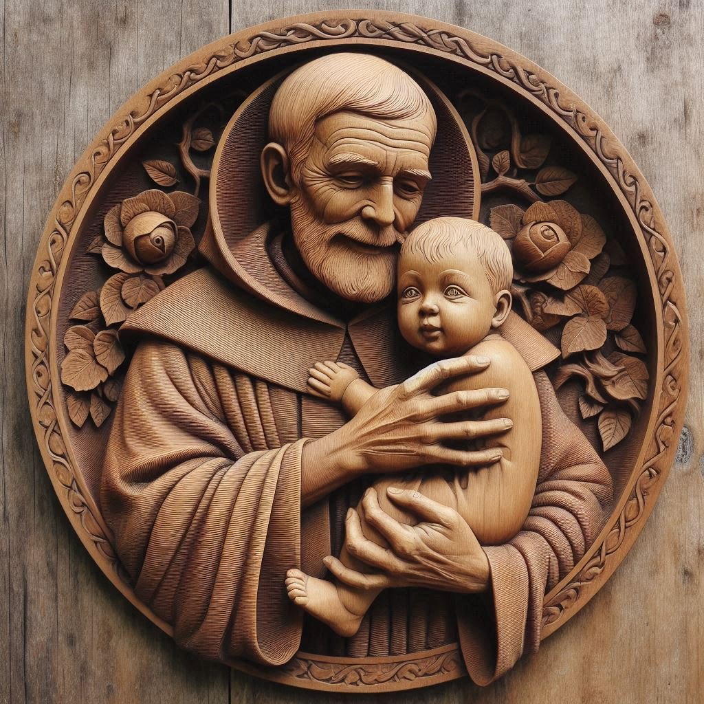 Solve Monk holding a child carved into a plaque. Piece options: 9 - 306 ...