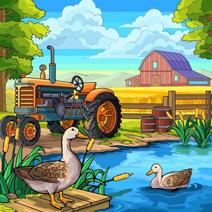 Jigsaw Puzzle | 81 pieces | A tractor by a pond with ducks | Jigidi