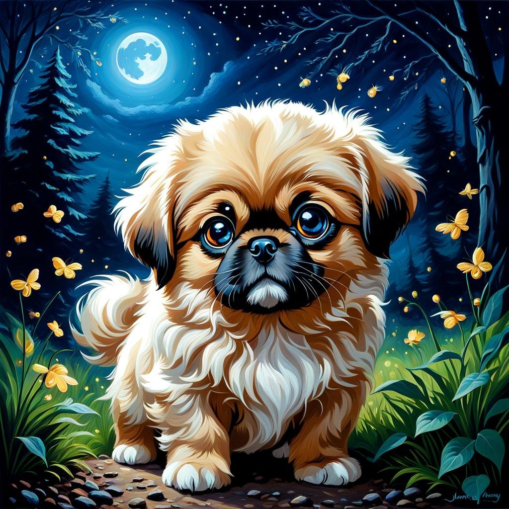 Solve Pekingese Dog in the Moonlight jigsaw puzzle online with 81 pieces