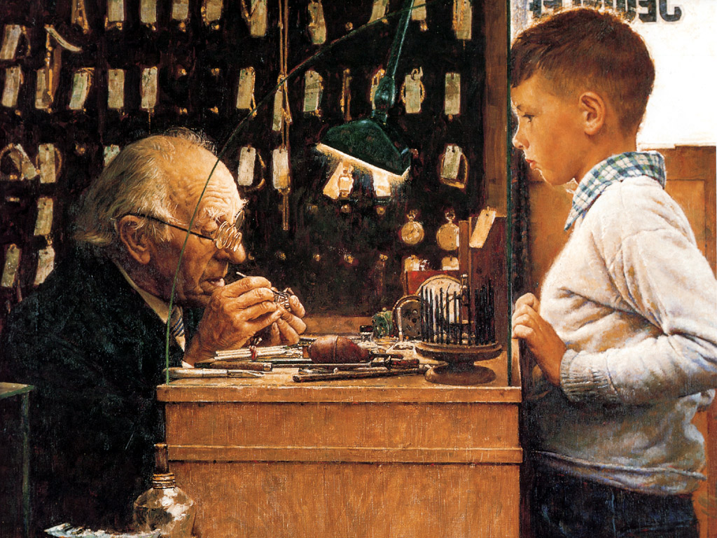 Solve Norman Rockwell - The watchmaker of switzerland jigsaw puzzle ...