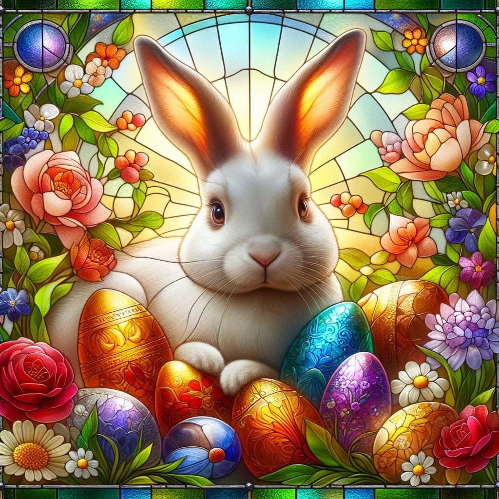 Solve Stained glass Easter bunny jigsaw puzzle online with 49 pieces