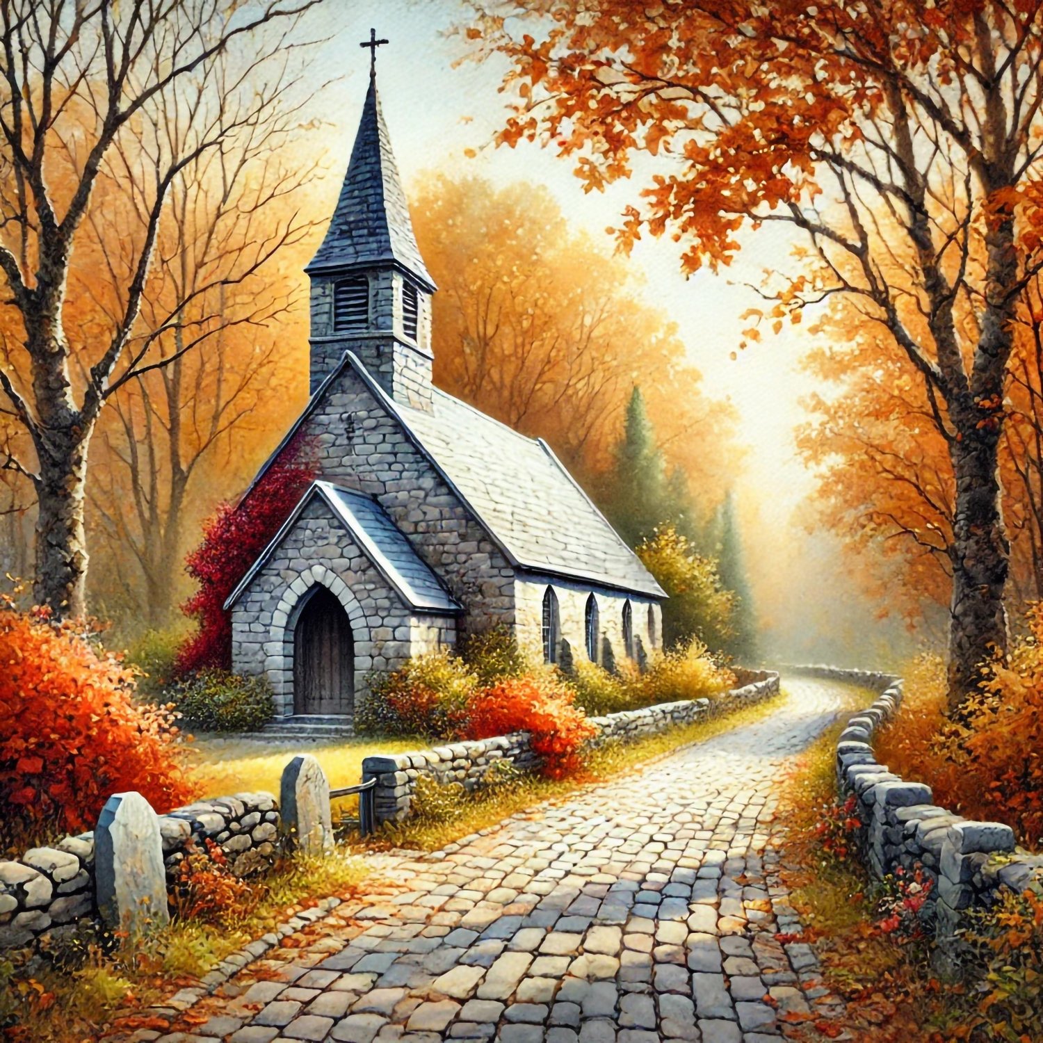 Solve Autumn Chapel Path Watercolor jigsaw puzzle online with 100 pieces