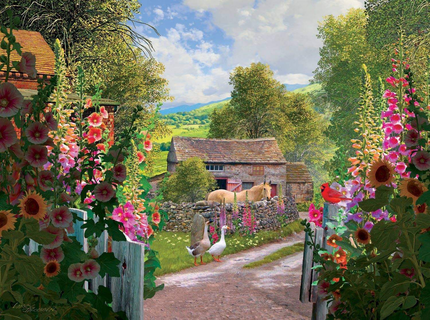Solve Hollyhocks and Sunflowers in the Country jigsaw puzzle online with 70 pieces