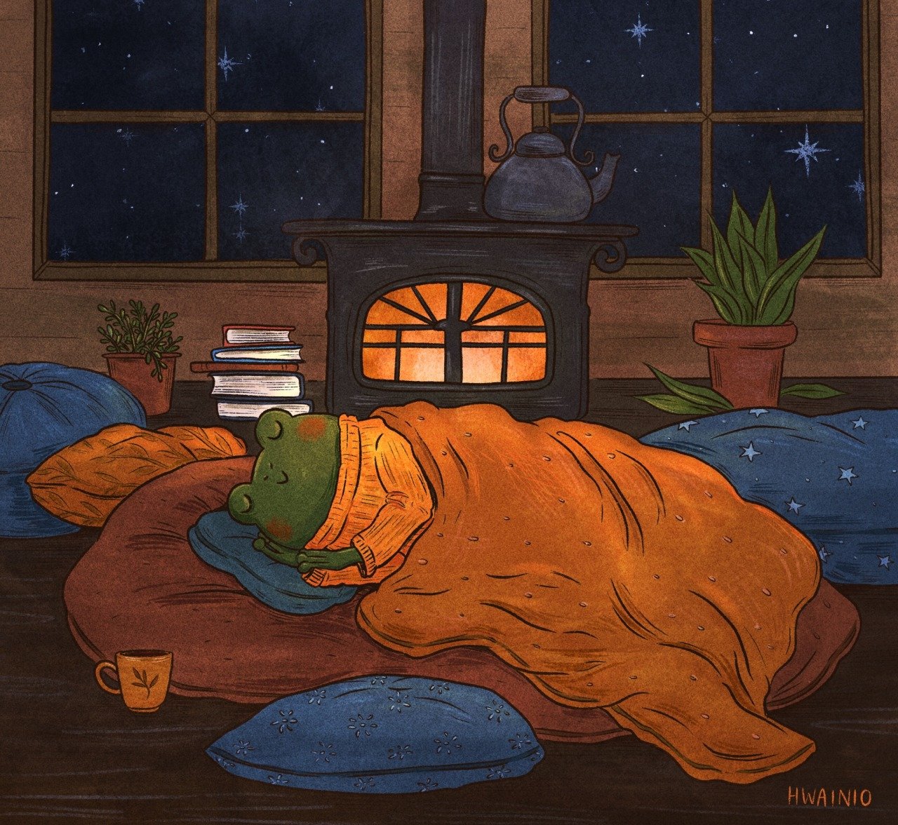 Solve cosy frog jigsaw puzzle online with 110 pieces