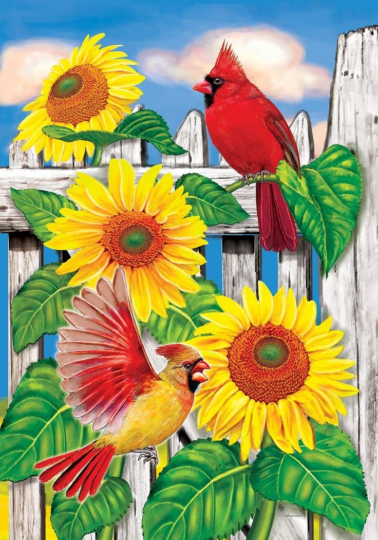Jigsaw Puzzle | 70 pieces | Cardinals and sunflowers.... | Jigidi