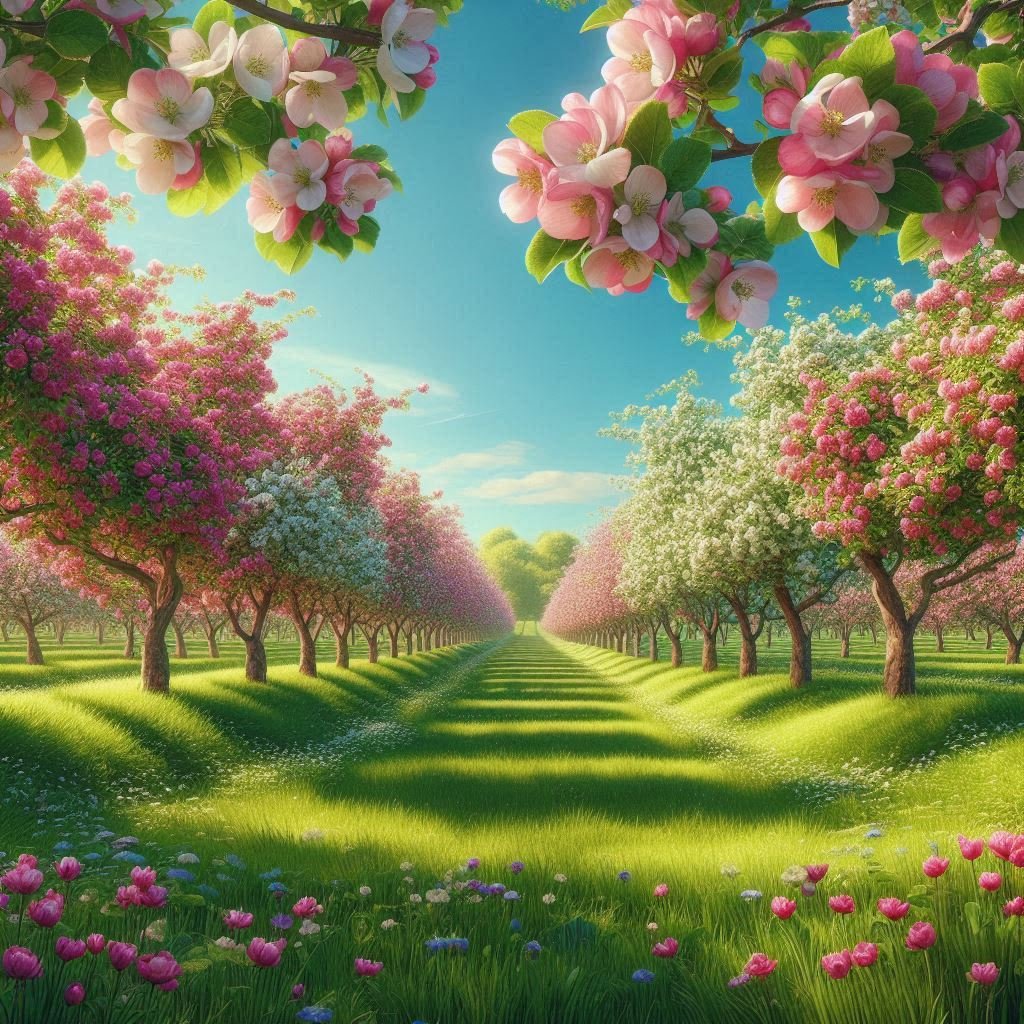 Solve Apple Orchard in Blossom jigsaw puzzle online with 49 pieces