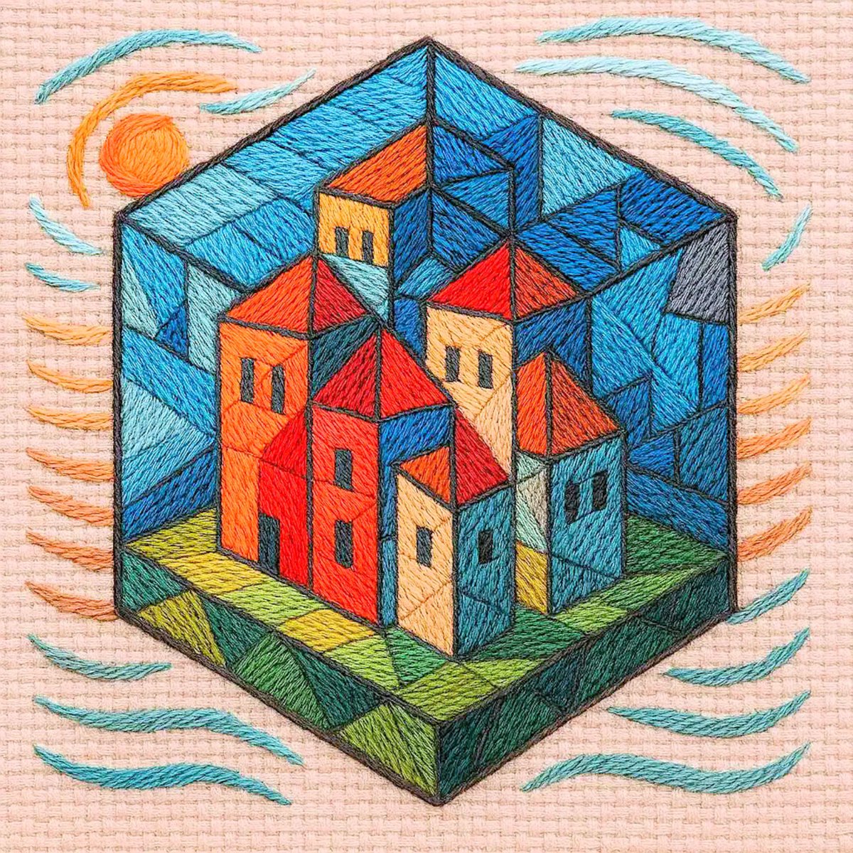 Solve CUBISM EMBROIDERY jigsaw puzzle online with 36 pieces