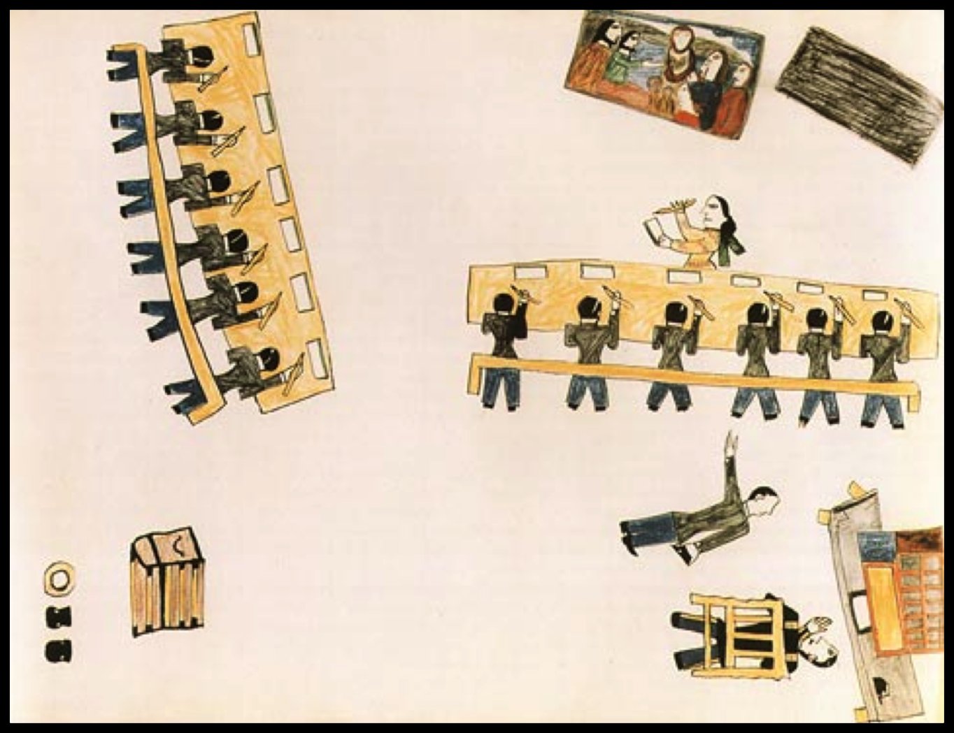 Solve Classroom at Fort Marion (1876) ~ ledger art by Howling Wolf ...