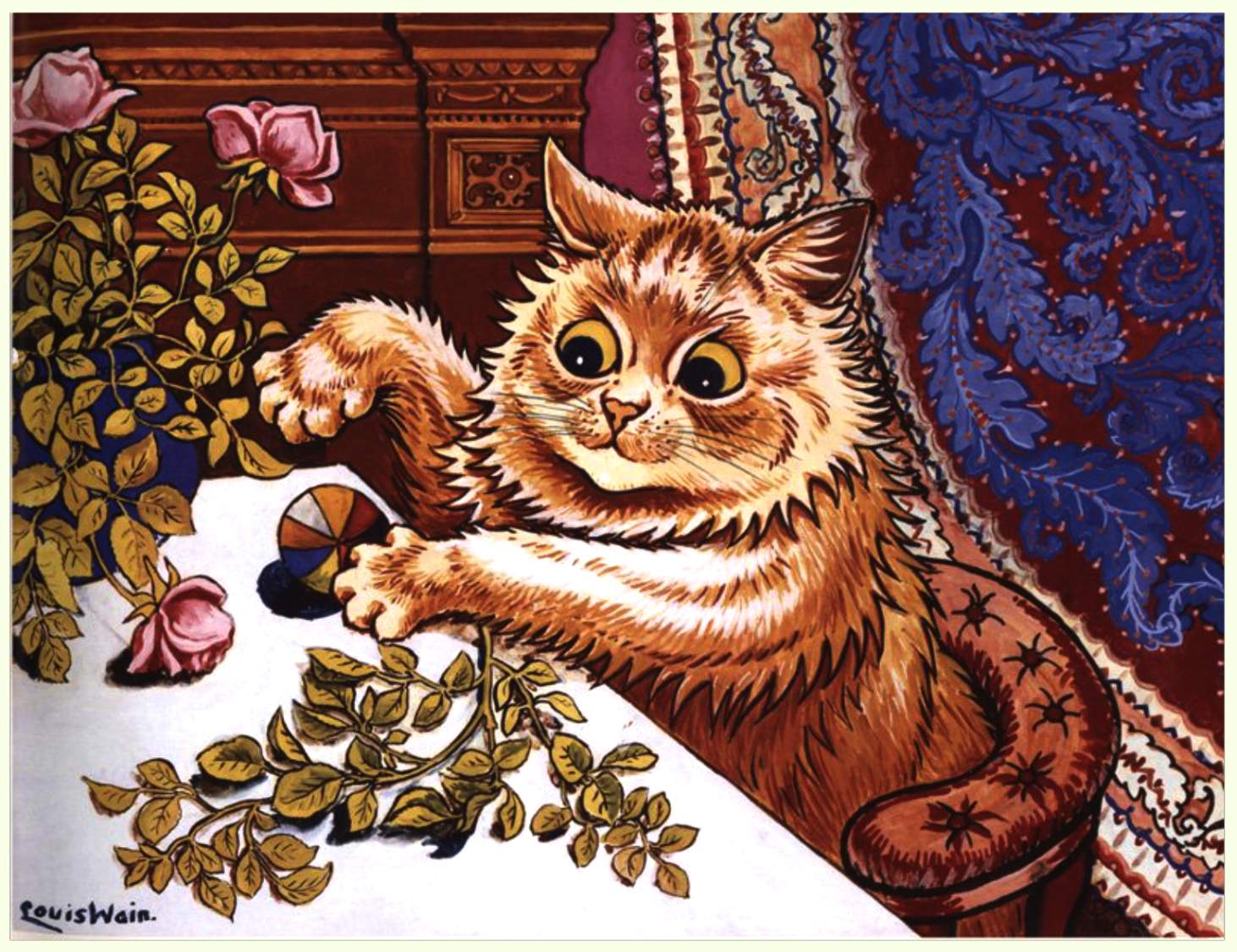 Solve Cat with Ball and Roses, by Louis Wain jigsaw puzzle online with ...