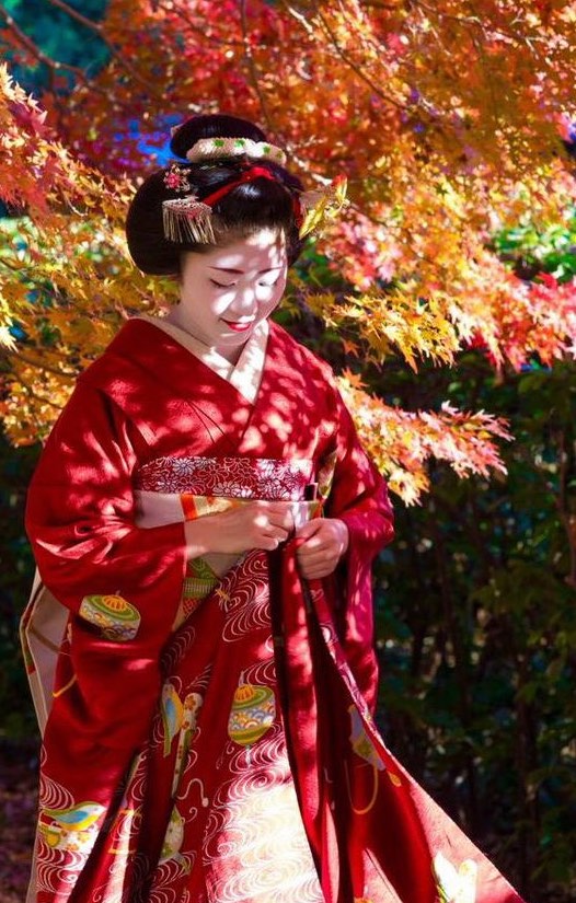 Solve Maiko in red kimono in autumn jigsaw puzzle online with 117 pieces