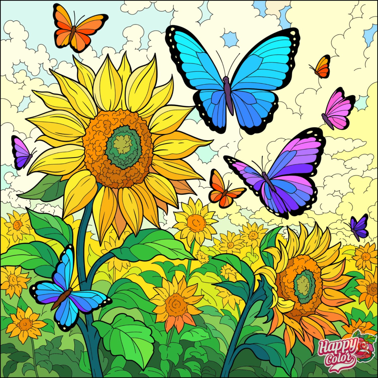 Solve Butterflies among the Sunflowers jigsaw puzzle online with 64 pieces