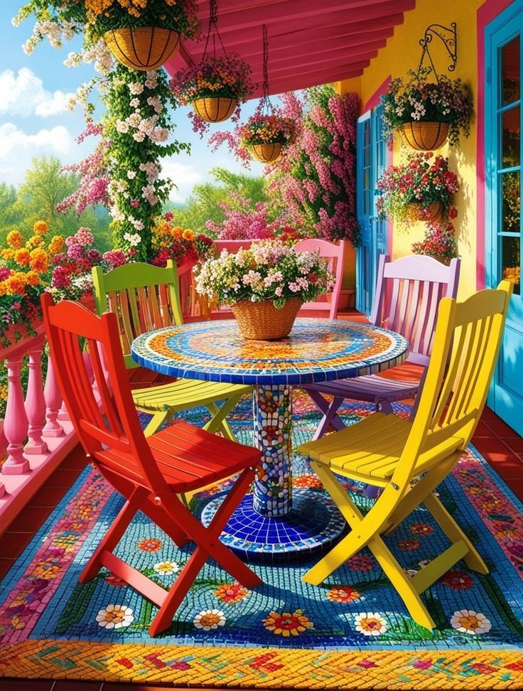 Solve Rainbow Patio jigsaw puzzle online with 63 pieces