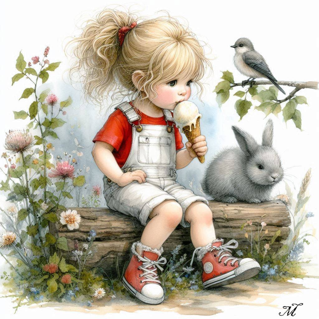 Jigsaw Puzzle | 64 pieces | Girl Ice Cream Cone Bunny & Bird | Jigidi