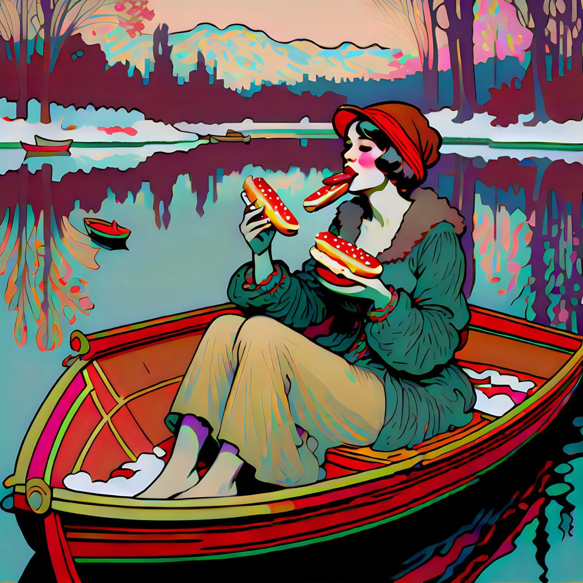 Solve LOL - A woman in the style of Mucha's A Robin in Winter, eating ...