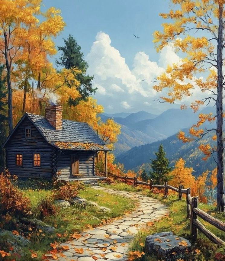 Solve Log Cabin in the Mountainss jigsaw puzzle online with 56 pieces