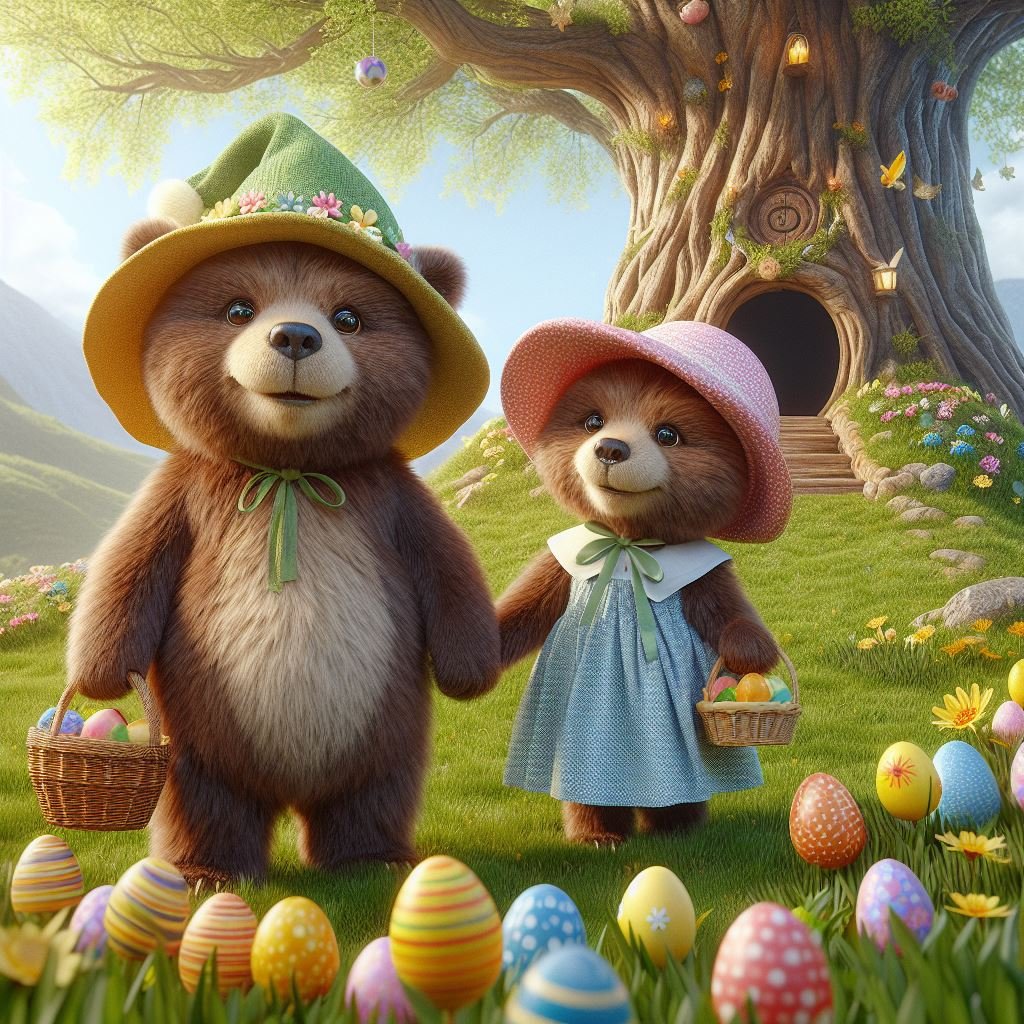 Solve Bears gathering Easter eggs jigsaw puzzle online with 64 pieces