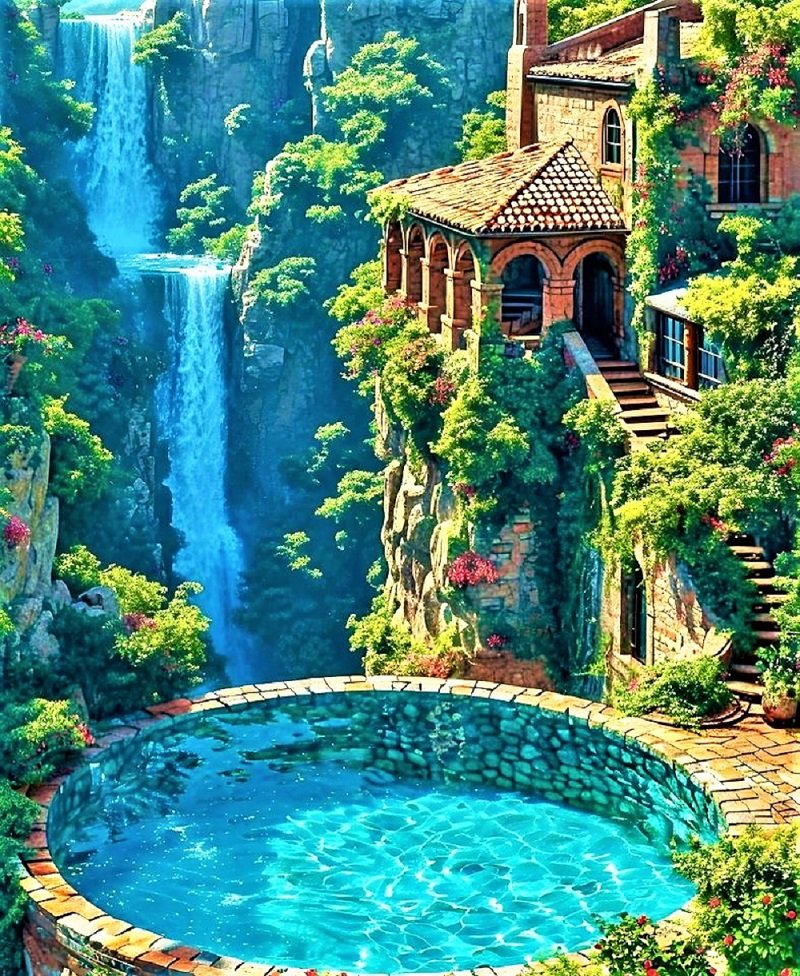 Solve STUNNING VILLA AND WATERFALL jigsaw puzzle online with 120 pieces