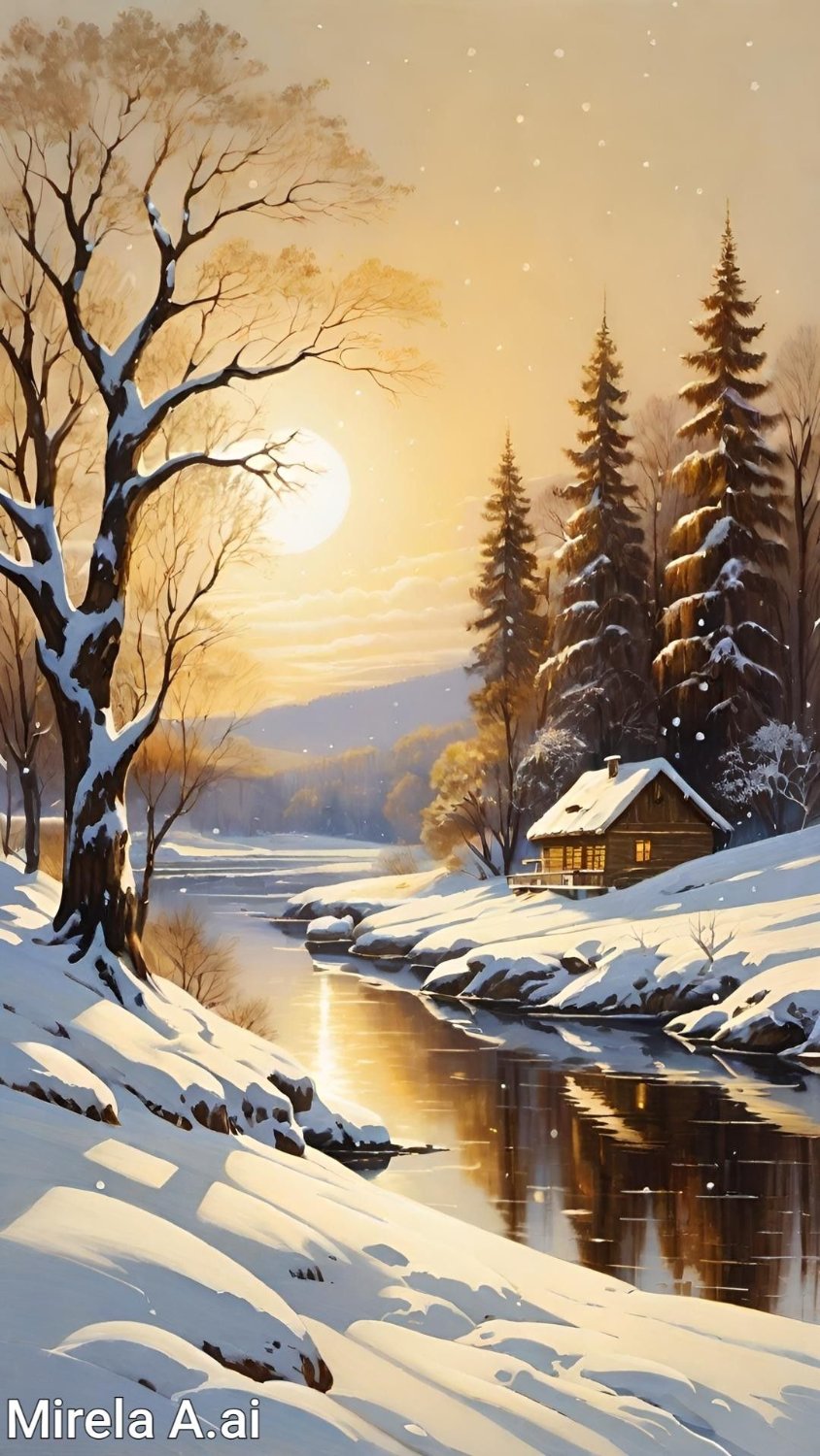 Solve Winter Cottage on a Stream jigsaw puzzle online with 60 pieces