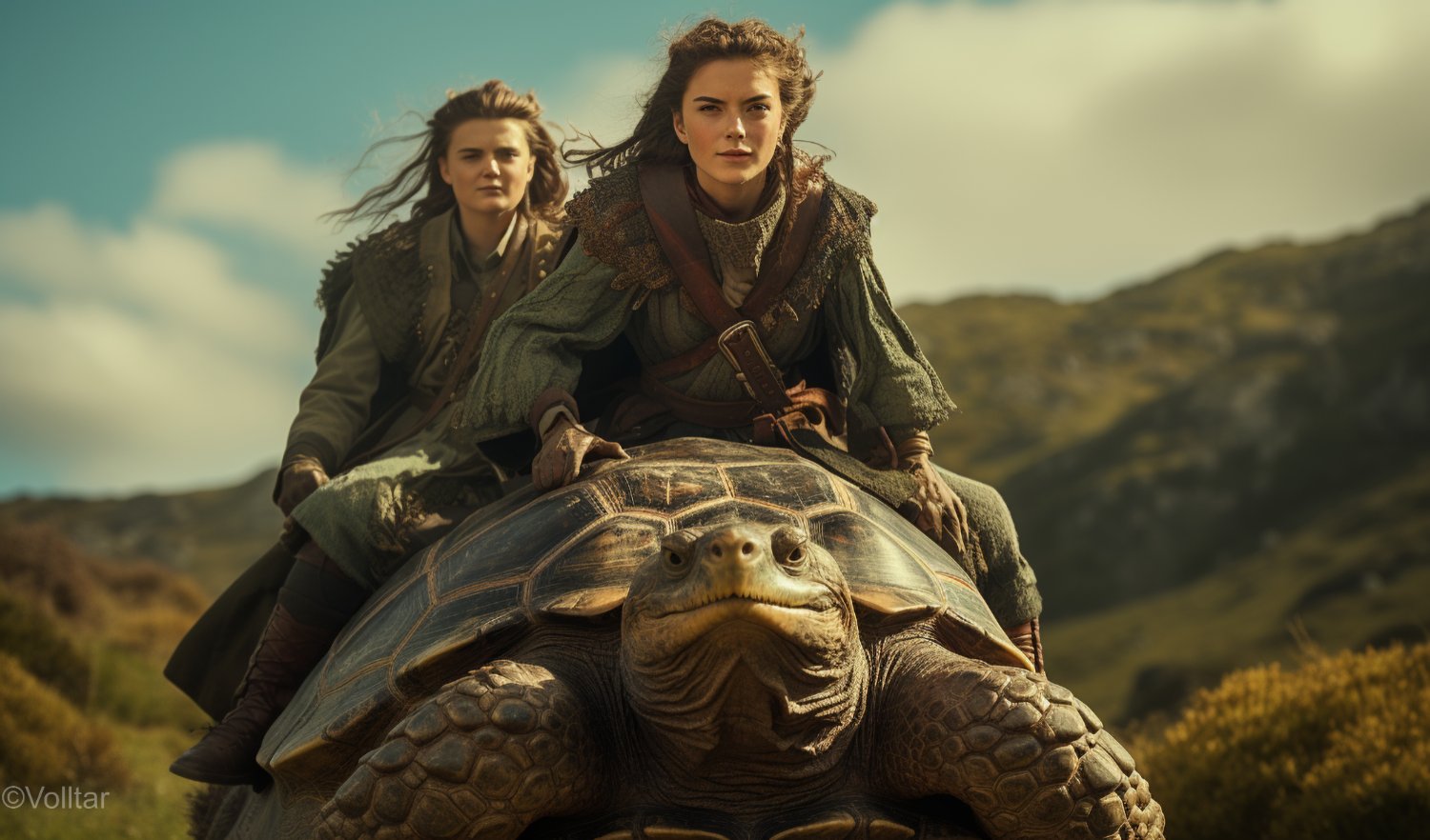 Solve Girls Riding a Turtle jigsaw puzzle online with 15 pieces