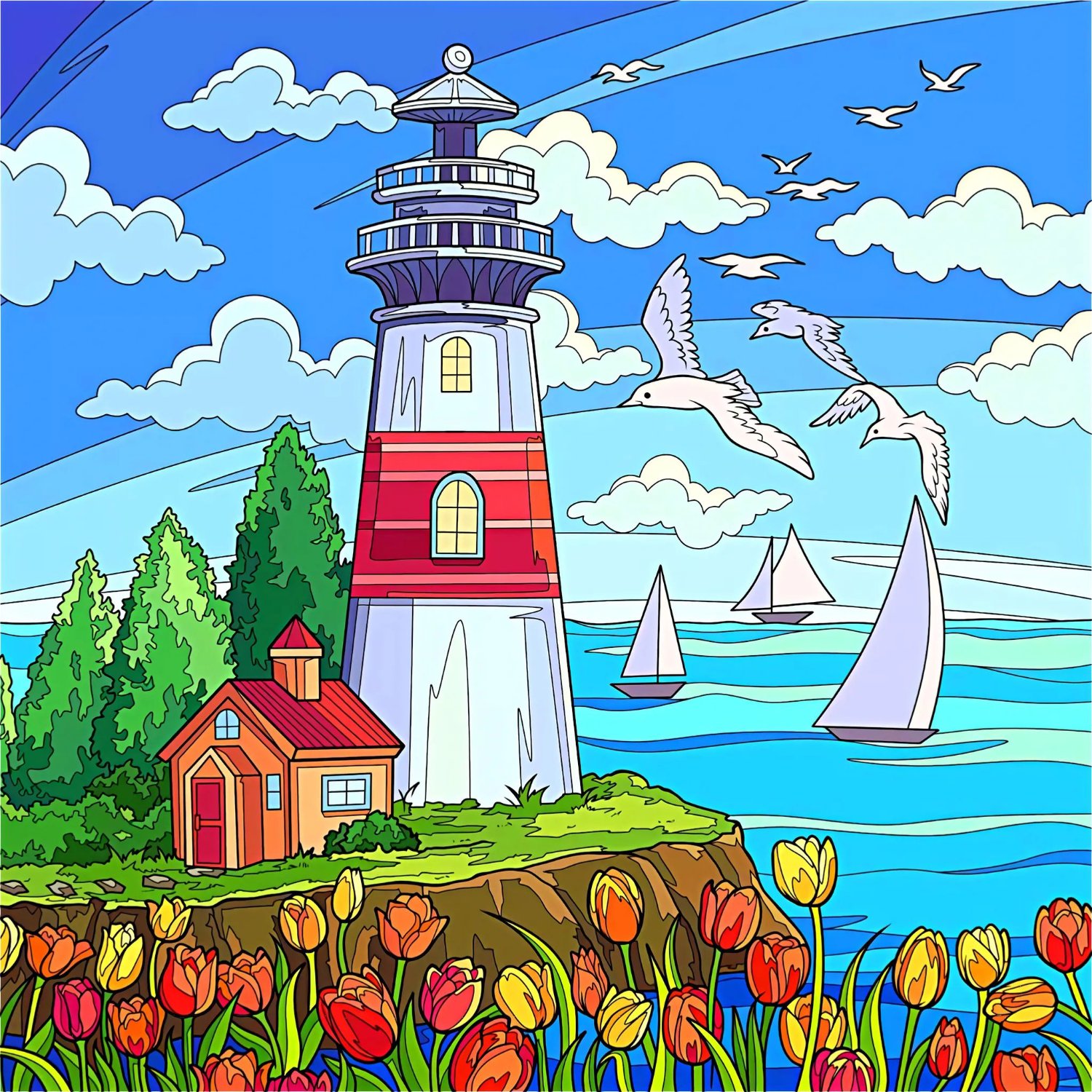 Solve PUZZLE - Lighthouse, Sailboats And Tulips jigsaw puzzle online ...