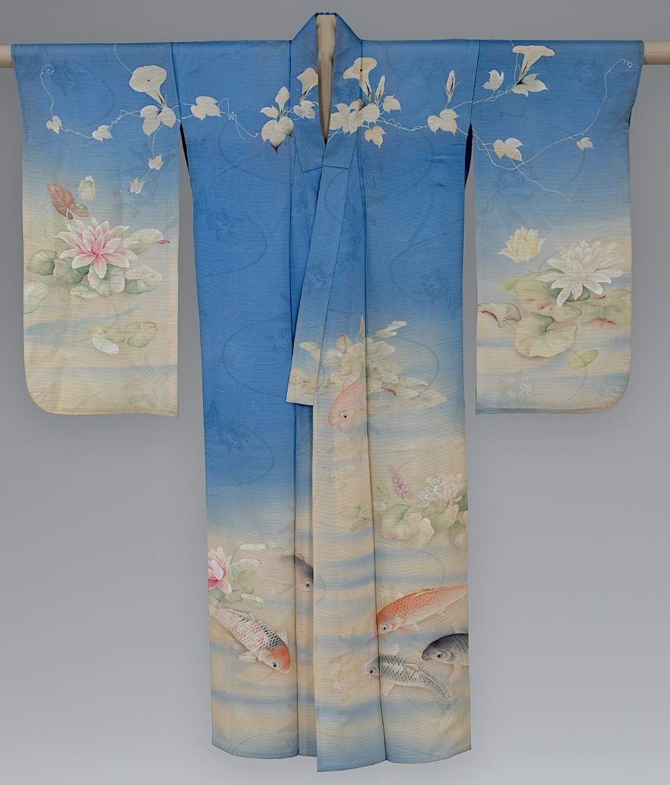 Solve Unlined Summer Kimono (Hito-e) with Carp, Water Lilies, and Morning Glories (front), Japan ...