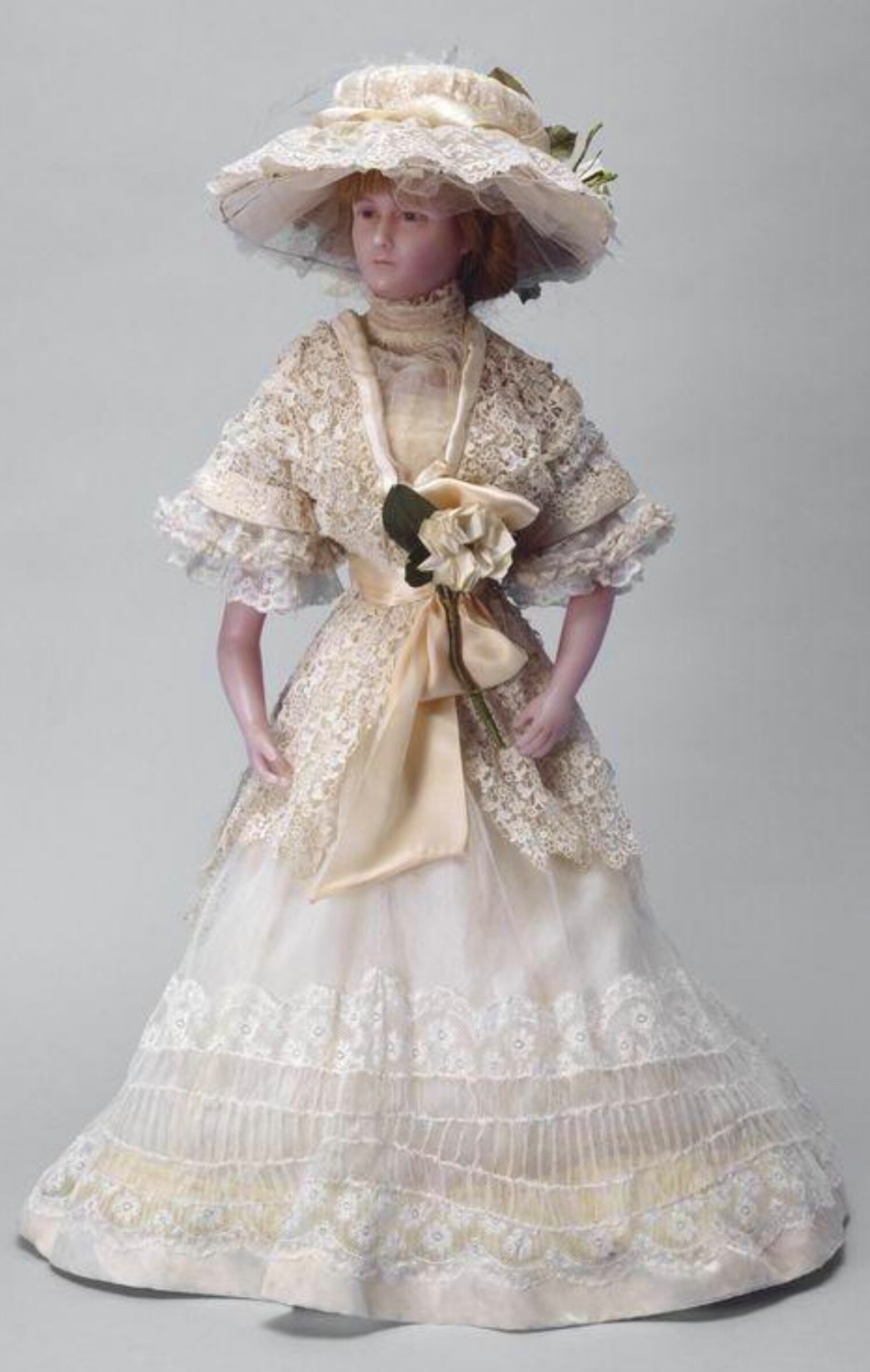 Solve Fashion doll, wax, white lace and silk gown, wearing hat labelled ...