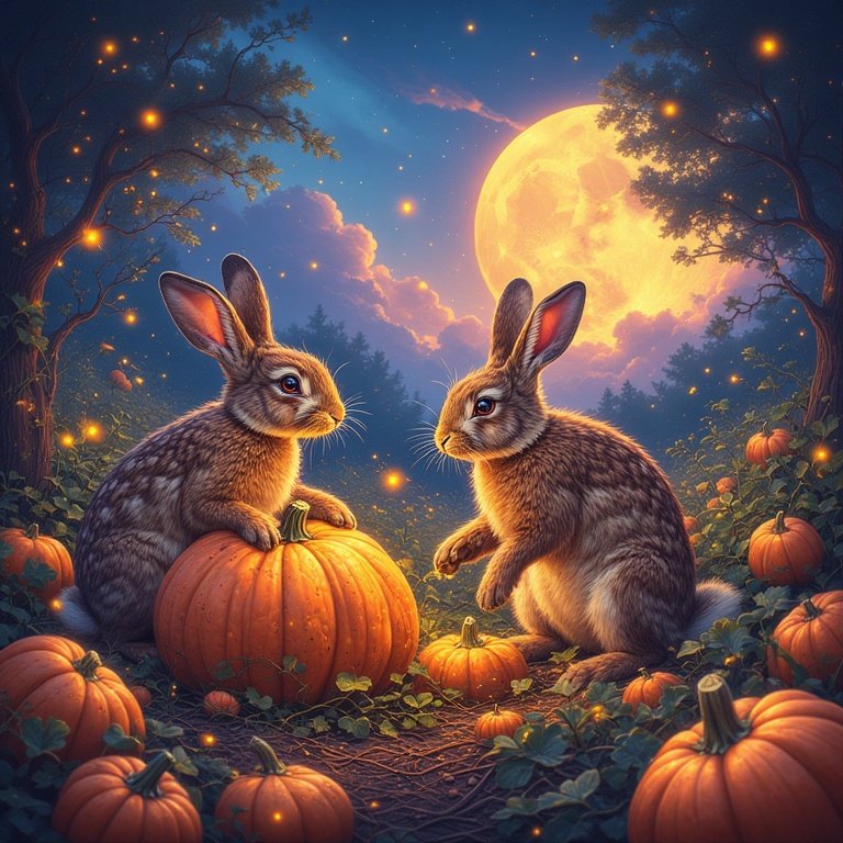 Solve Rabbits in the pumpkin patch jigsaw puzzle online with 49 pieces