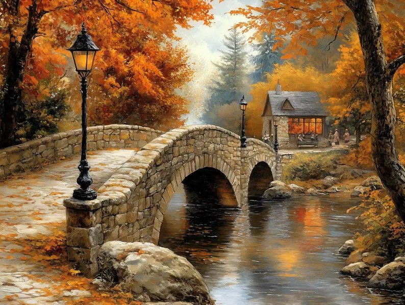 Solve Autumn Stone Bridge Over River jigsaw puzzle online with 63 pieces