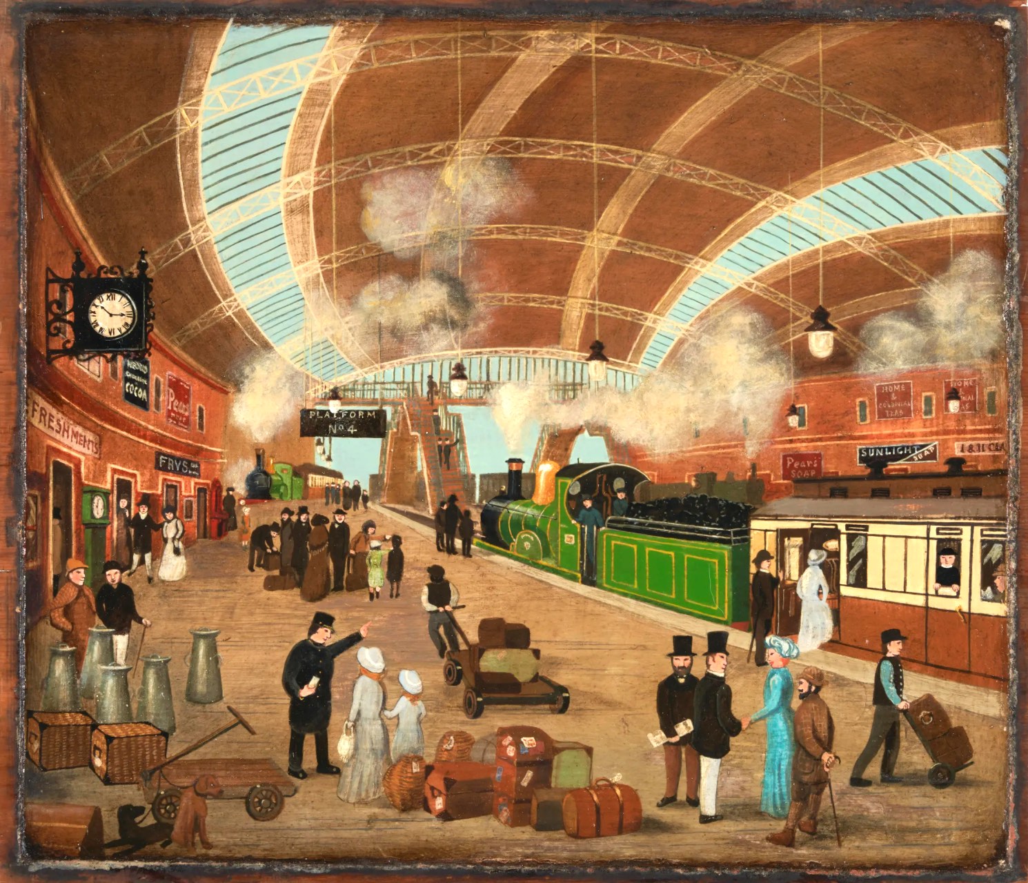 Solve Artist unknown (British School, 20th century), A Bustling Train Station jigsaw puzzle ...