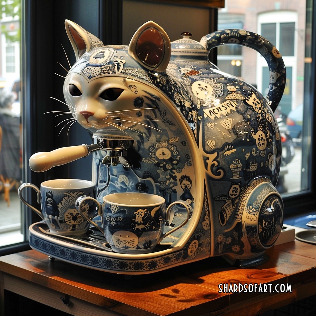 Solve Delft Coffee Machine Cat jigsaw puzzle online with 100 pieces