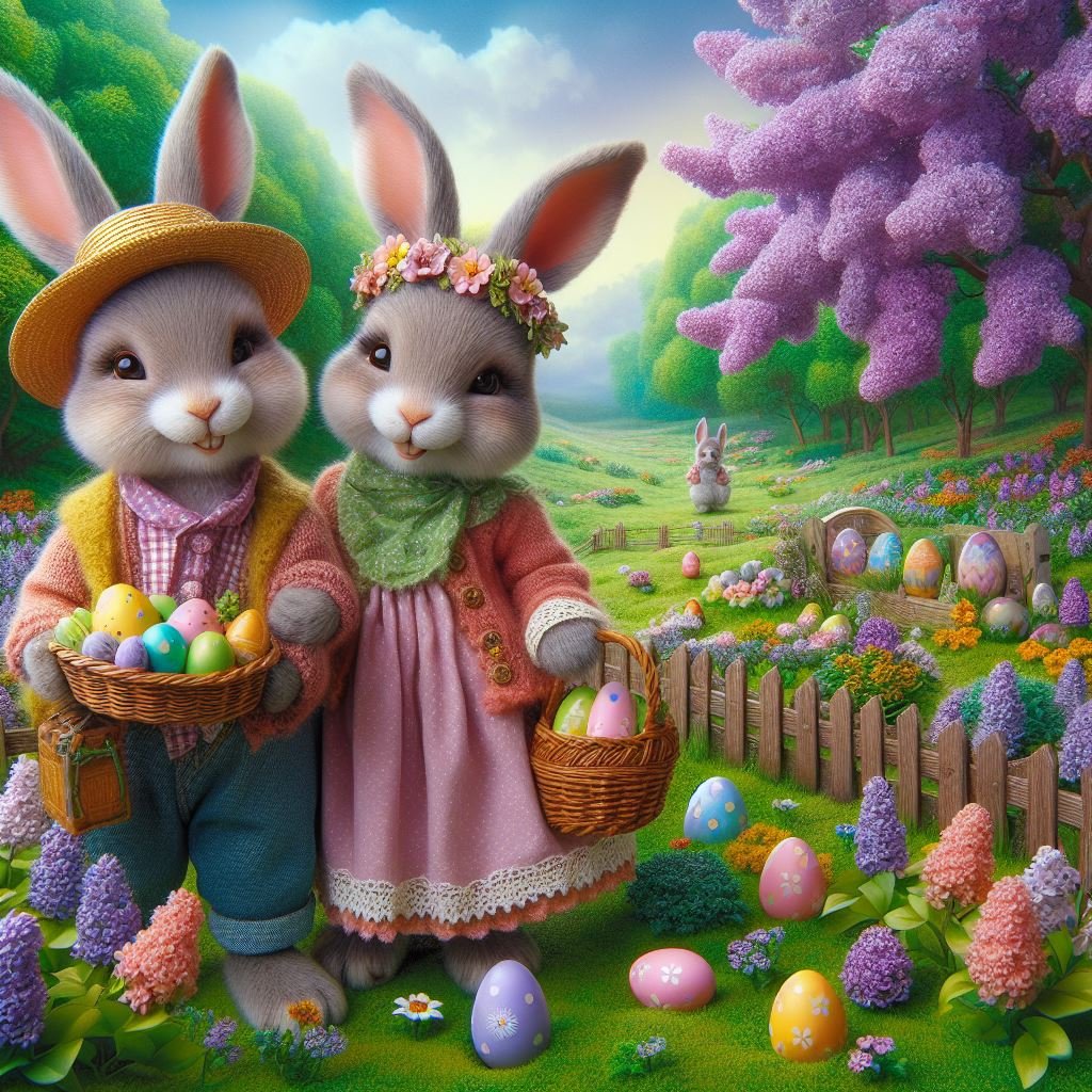 Solve Easter bunnies collecting eggs jigsaw puzzle online with 64 pieces