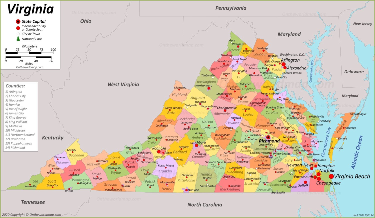 Solve Map of Virginia jigsaw puzzle online with 135 pieces