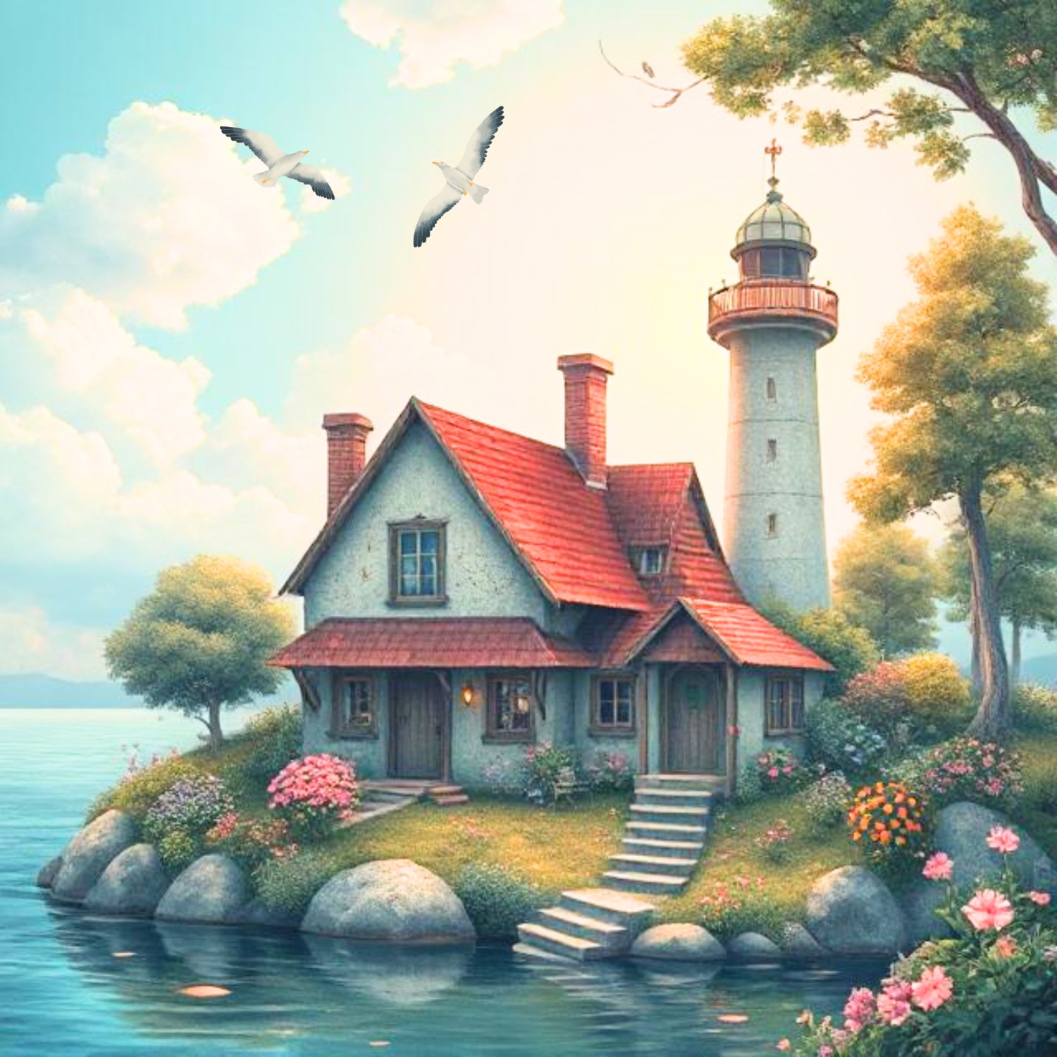 Solve Lighthouse Cottage jigsaw puzzle online with 256 pieces