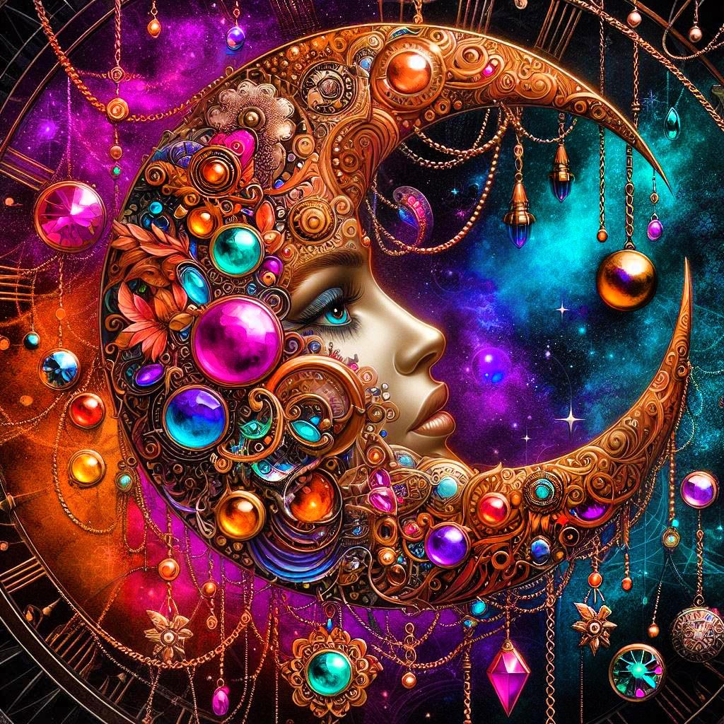 Solve steampunk celestial crescent moon Maggie jigsaw puzzle online with 64 pieces