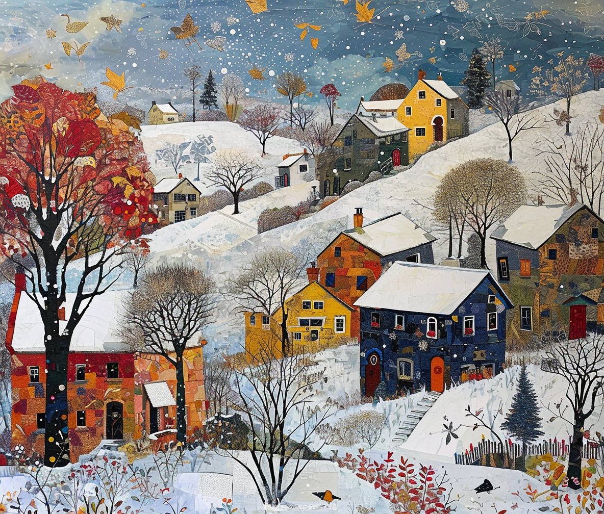 Jigsaw Puzzle | 195 pieces | a painting of a snow scene includes houses ...