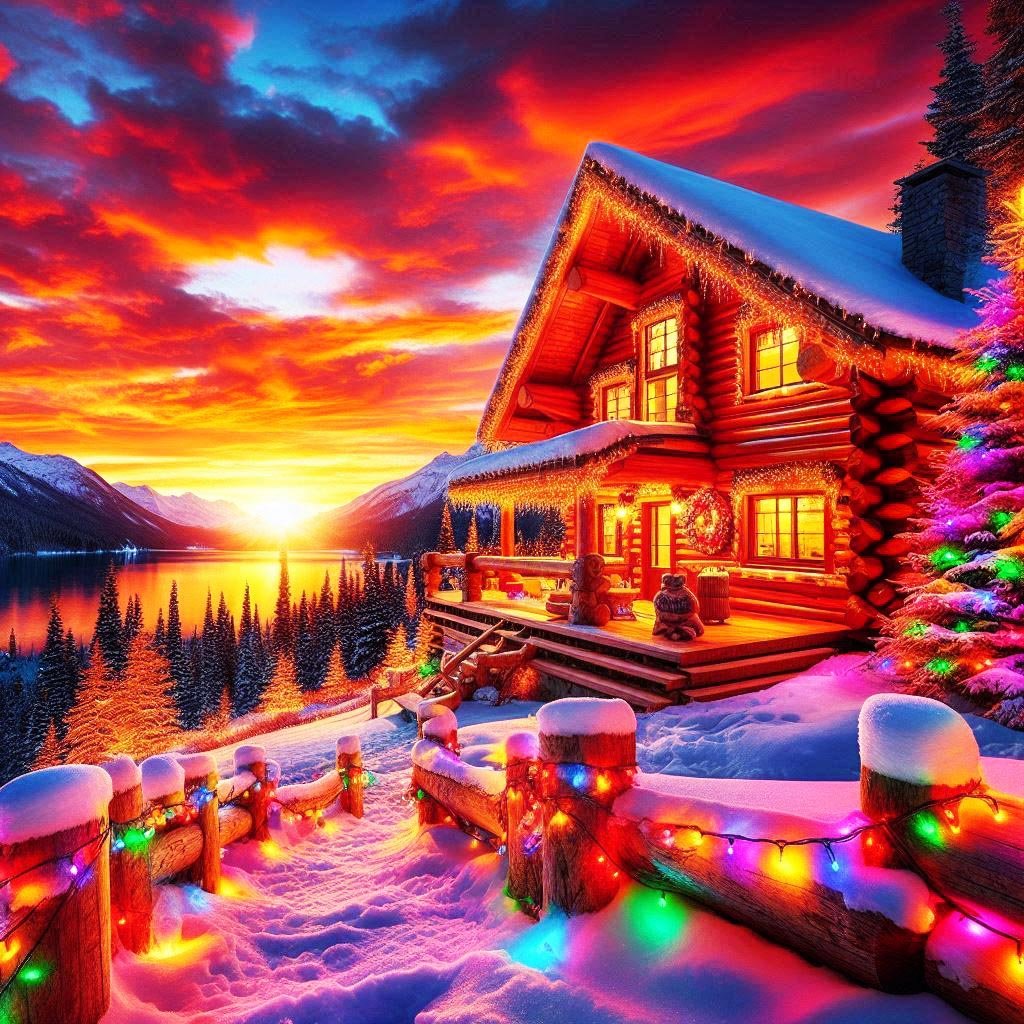 Solve sunset at the log cabin at Christmas Time jigsaw puzzle online ...