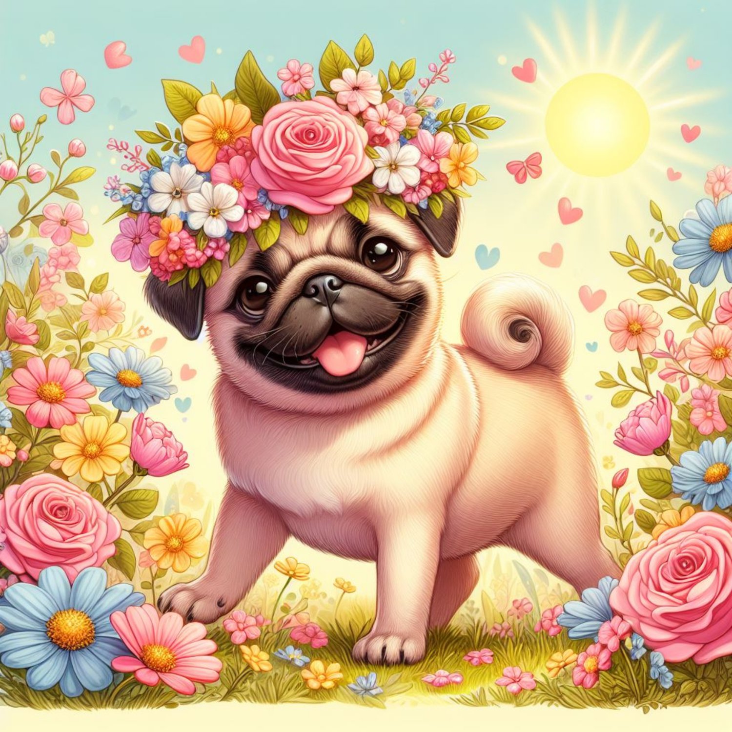 Solve Flowery Pug jigsaw puzzle online with 256 pieces