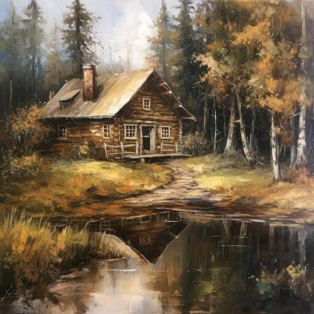 Solve Log house by the lake jigsaw puzzle online with 81 pieces