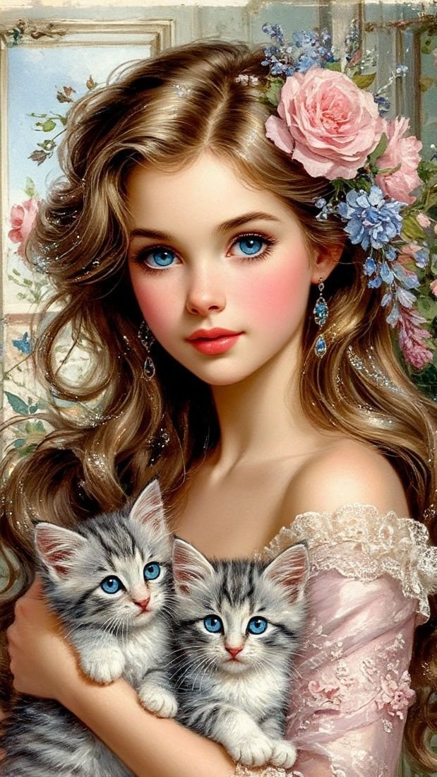 Solve Pretty girl and her kittens jigsaw puzzle online with 40 pieces