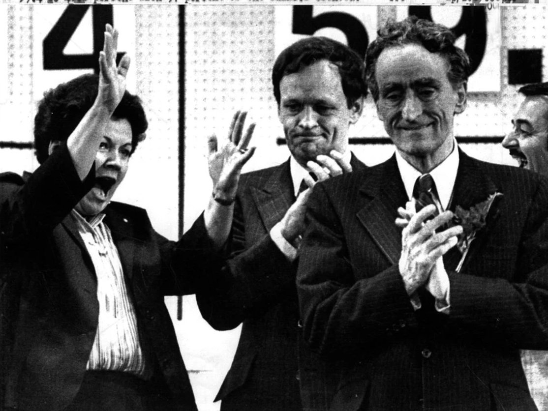 Solve Quebec Liberal Leader Claude Ryan (far right) celebrates winning ...