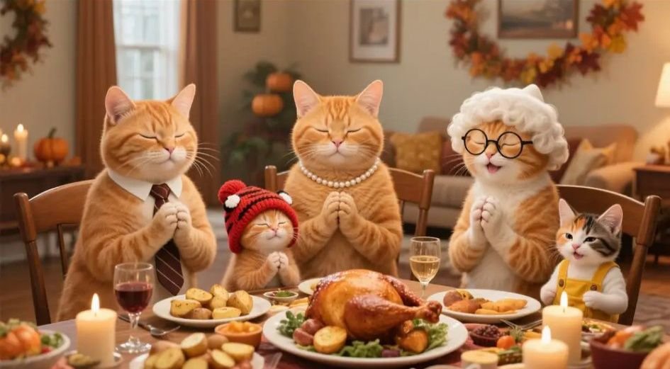 Solve Cats at Thanksgiving Table jigsaw puzzle online with 66 pieces