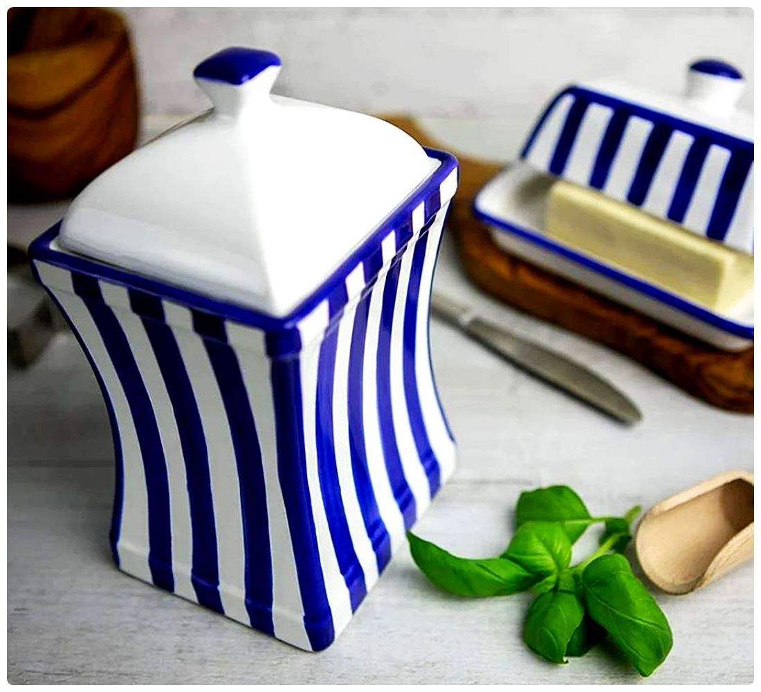 Solve Blue and White Striped Ceramic Kitchen Jar with Lid jigsaw puzzle ...