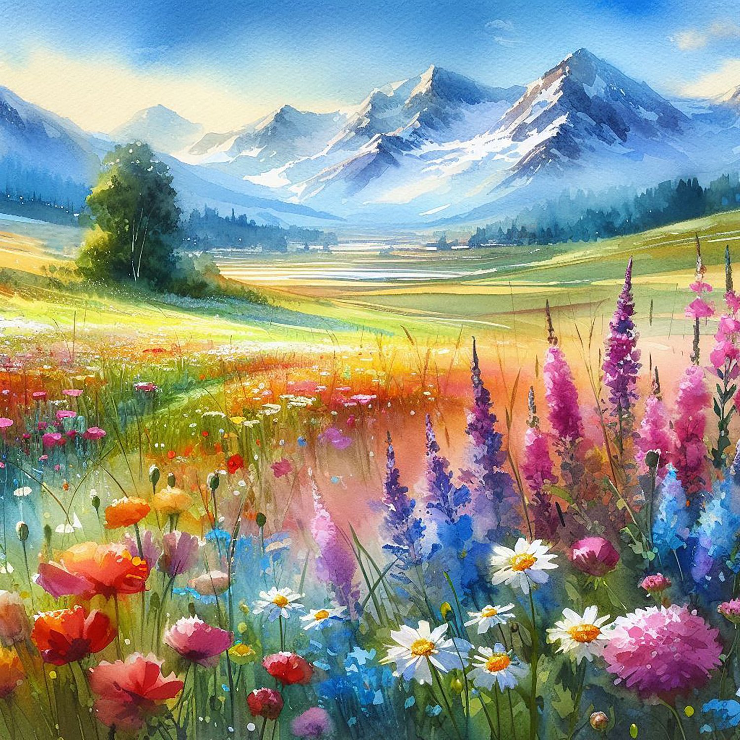 Solve Colorful Meadow and Mountains jigsaw puzzle online with 121 pieces