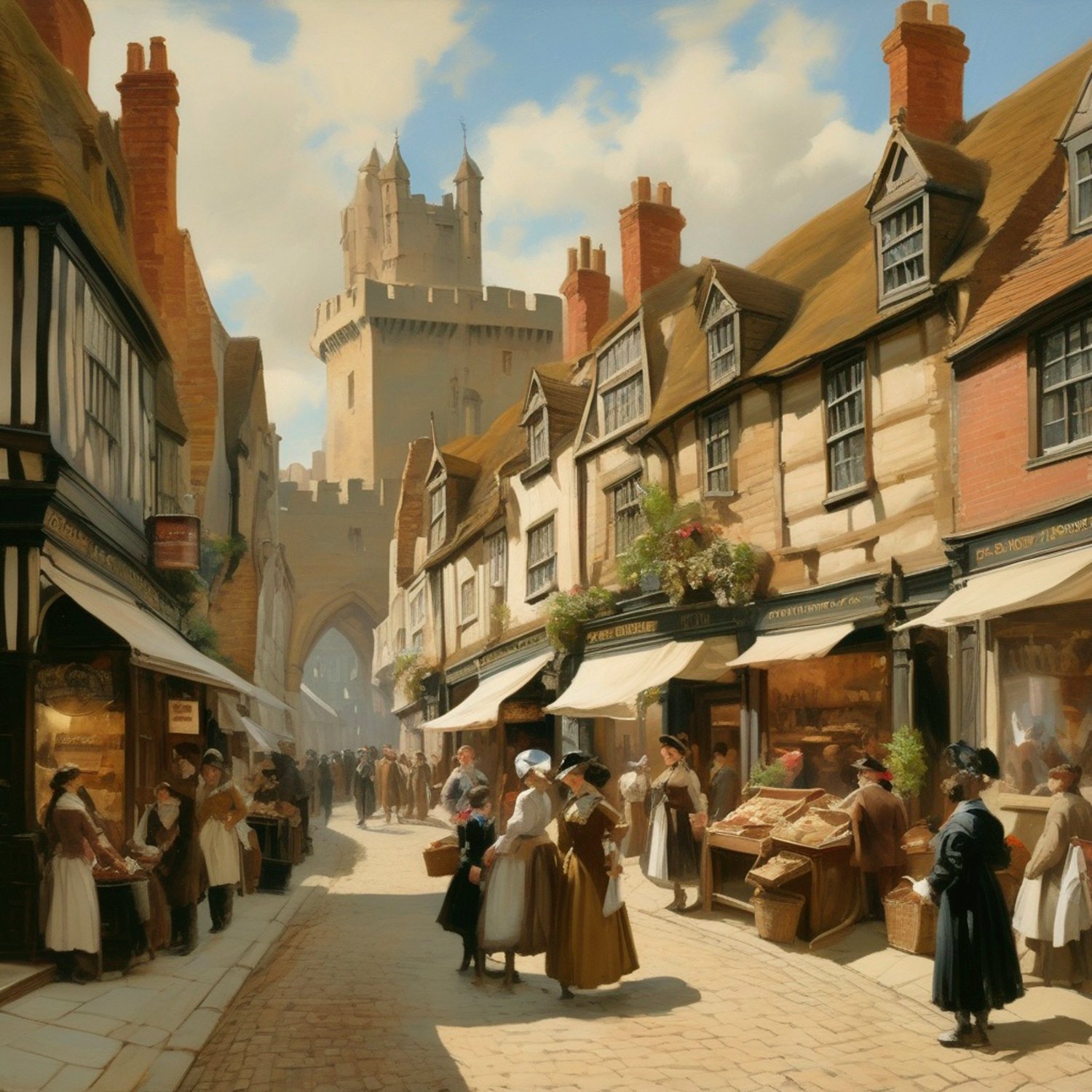 Solve Old english shops on market day jigsaw puzzle online with 144 pieces
